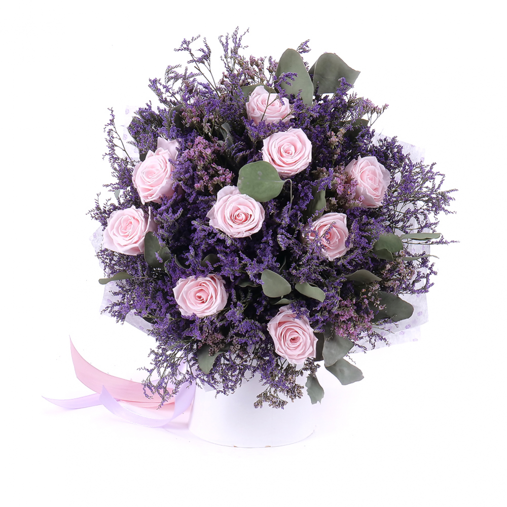 Dried bouquet purple limonium preserved pink roses | InEterno FLOWERS.com