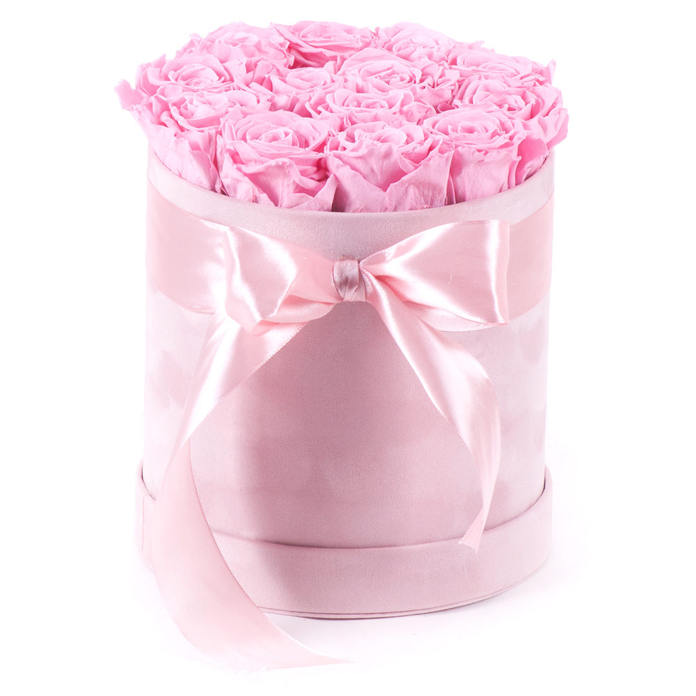 Preserved pink suede round box 13 pink roses "L" | InEterno FLOWERS.com