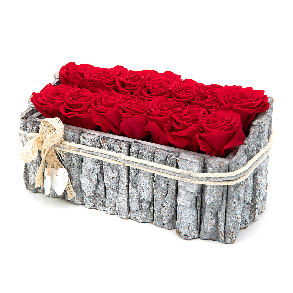 Preserved wooden square box 30 red roses "L" | InEterno FLOWERS.com