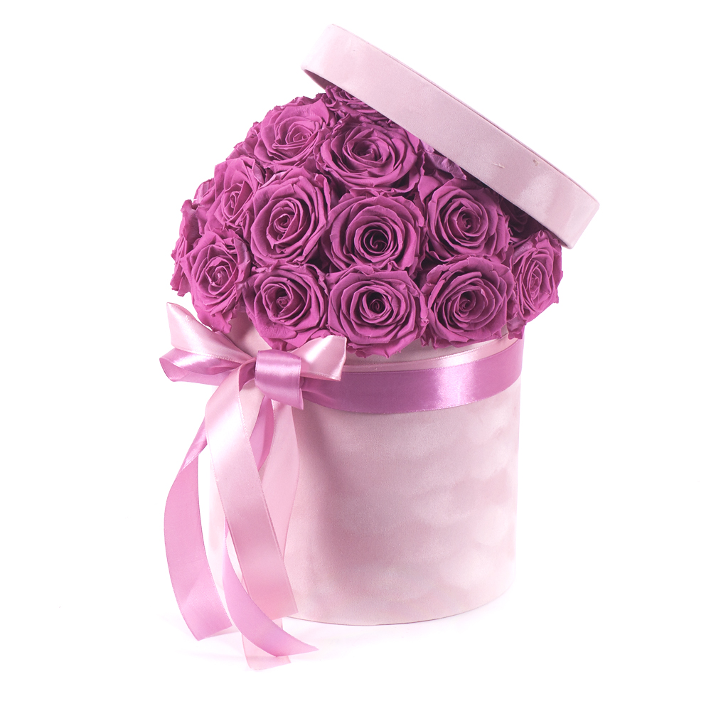 Preserved pink suede round box 28 pink roses "L" | InEterno FLOWERS.com