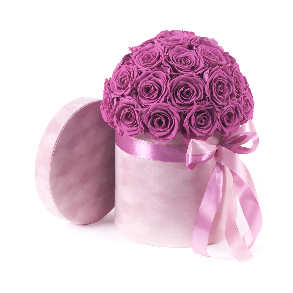 Preserved pink suede round box 28 pink roses "L" | InEterno FLOWERS.com