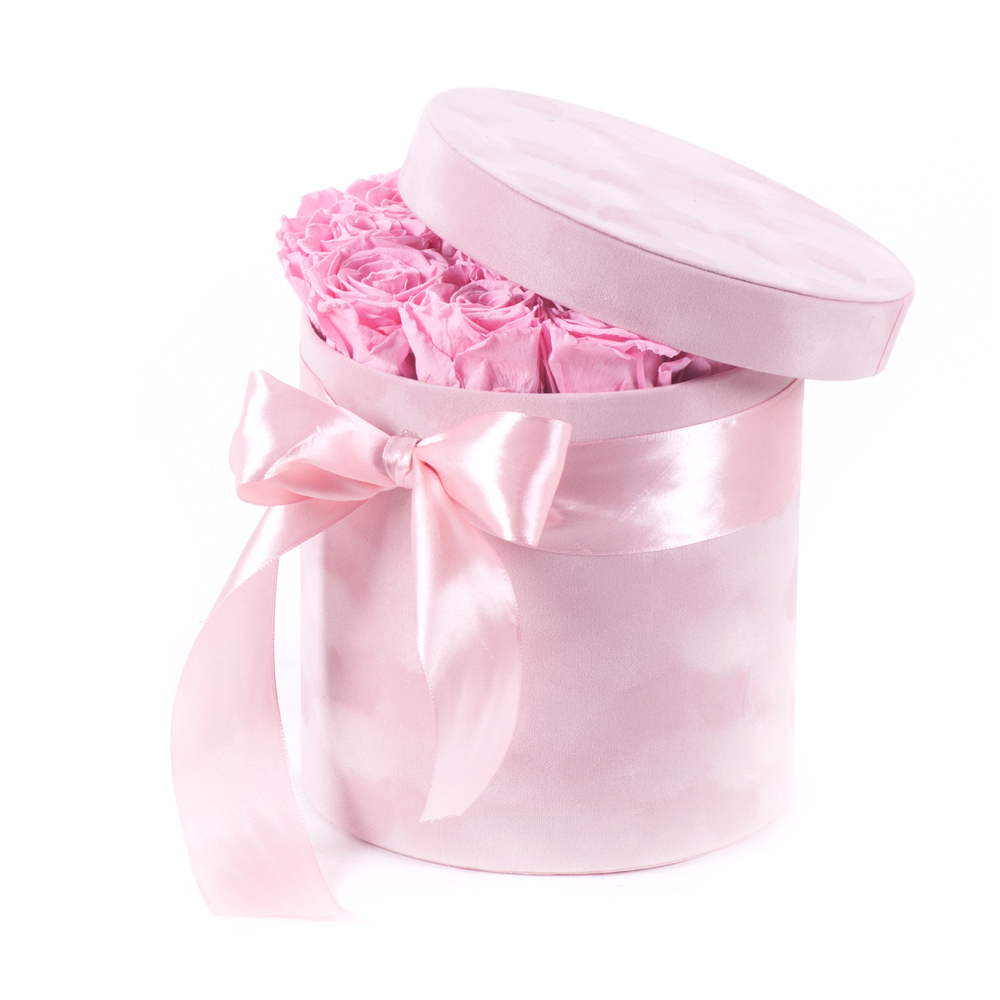 Preserved pink suede round box 13 pink roses "L" | InEterno FLOWERS.com