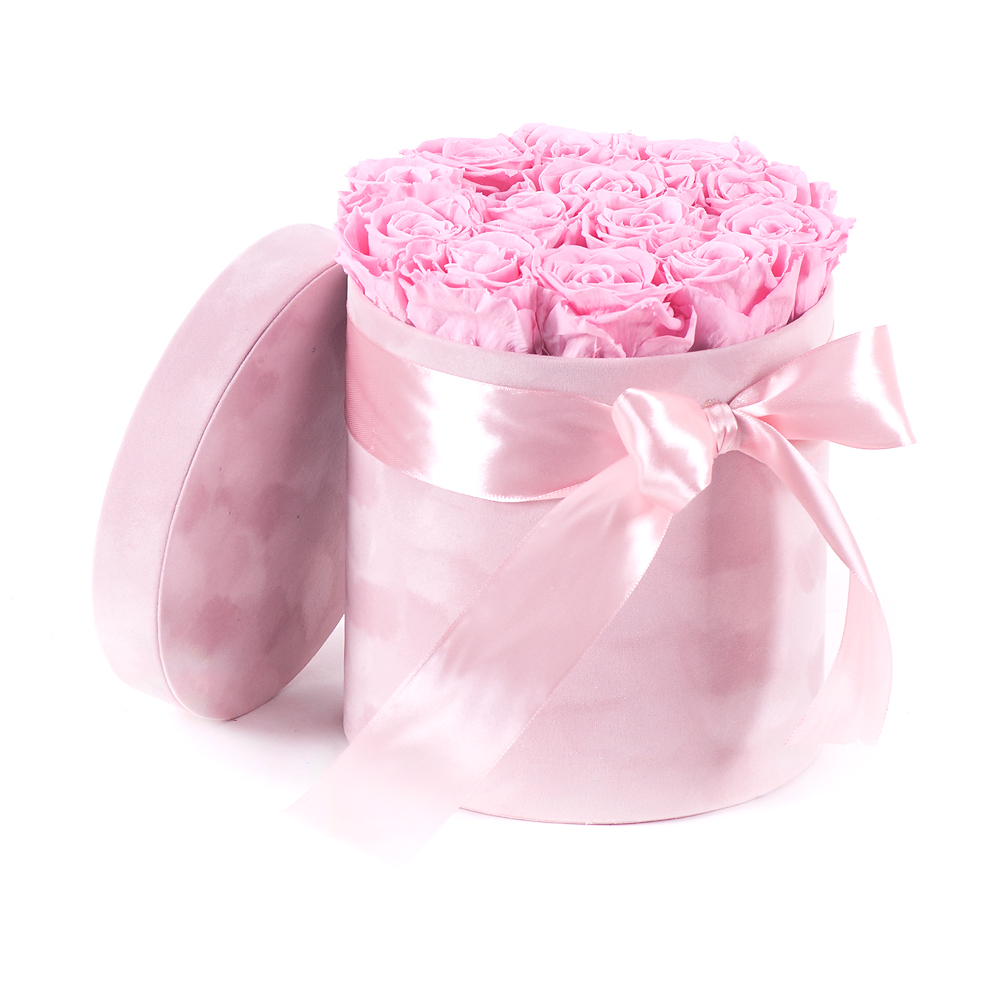 Preserved pink suede round box 13 pink roses "L" | InEterno FLOWERS.com