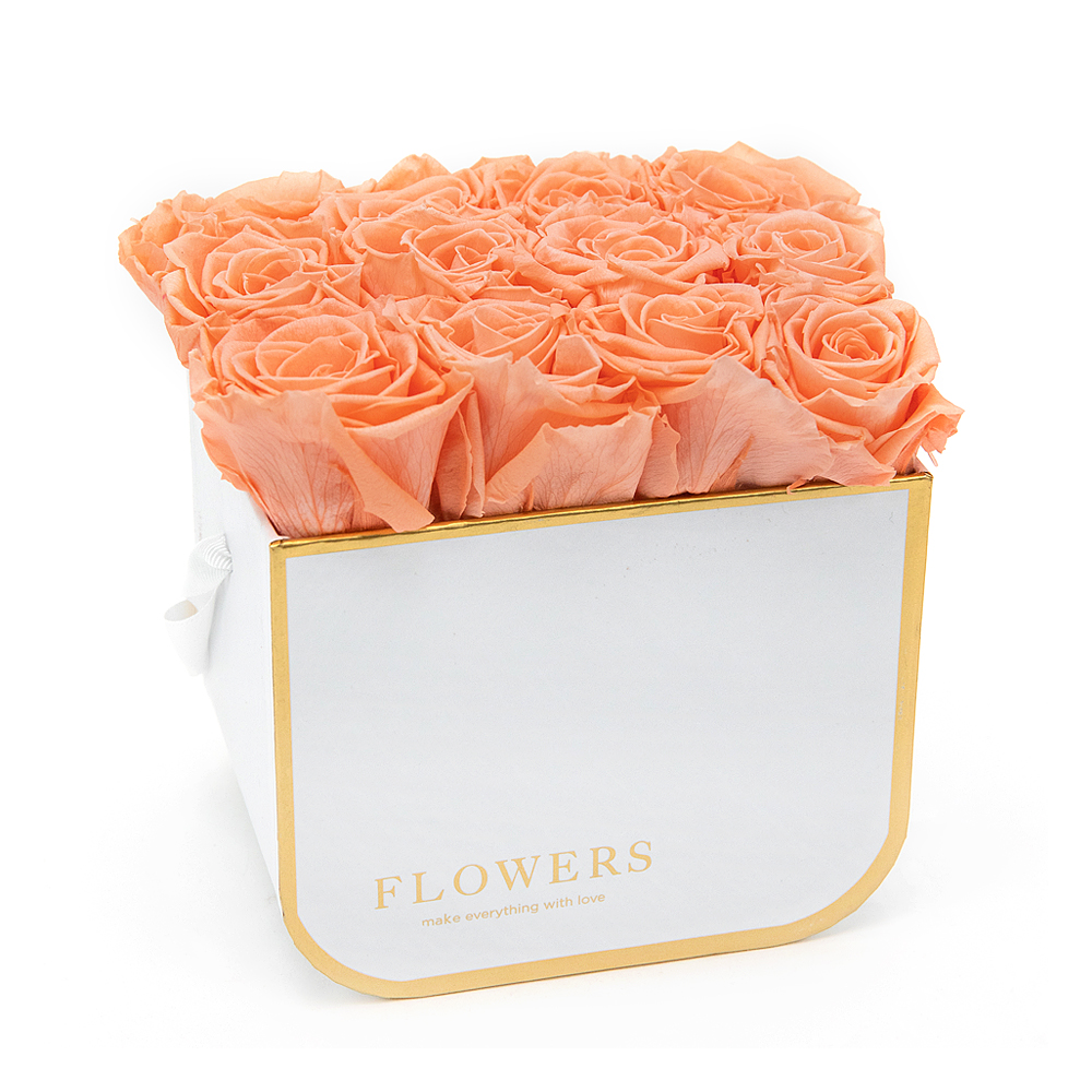 Preserved white square box 12 peach roses "M" | InEterno FLOWERS.com