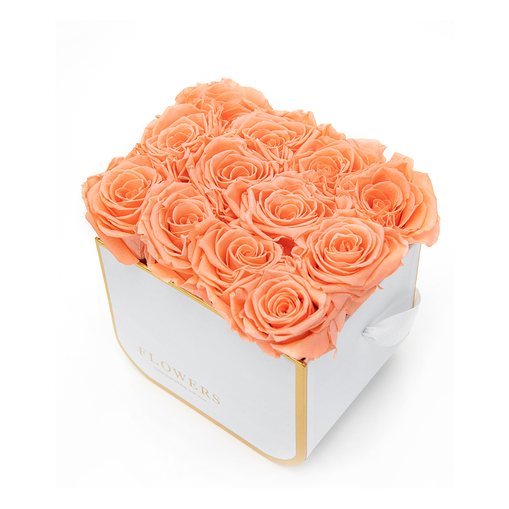 Preserved white square box 12 peach roses "M" | InEterno FLOWERS.com