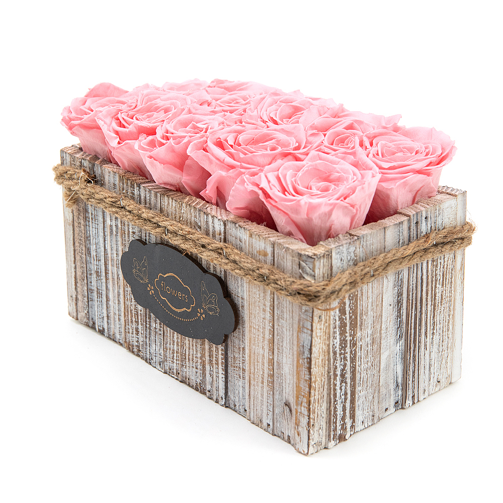 Preserved wooden square box 10 pink roses | InEterno FLOWERS.com